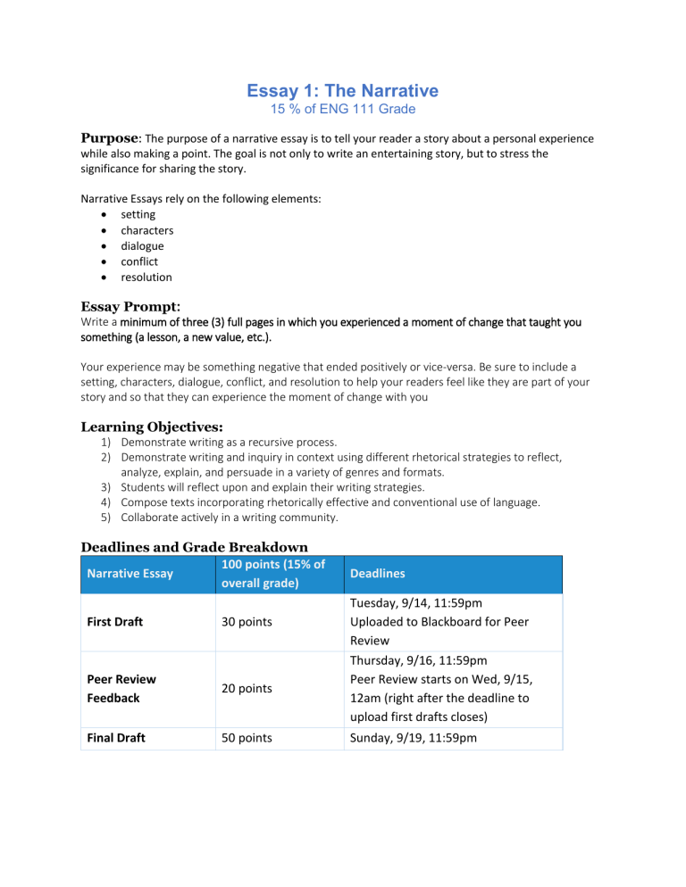 Narrative Essay Assignment: ENG 111