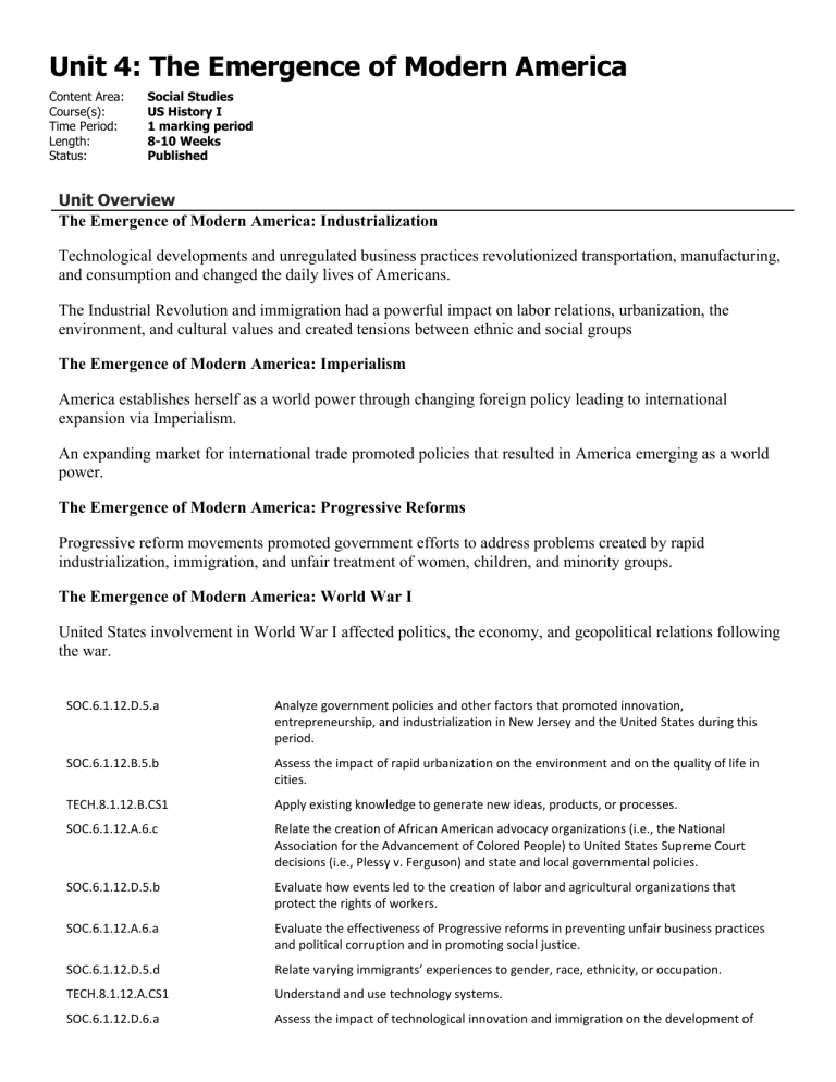 Emergence of Modern America Unit Overview
