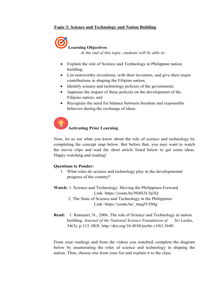 Topic 3 Science And Technology And Nation Building Topic 3 Science And Technology And Nation Building