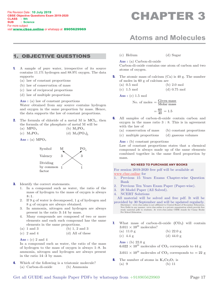 Atoms And Molecule Class Ix Mcq