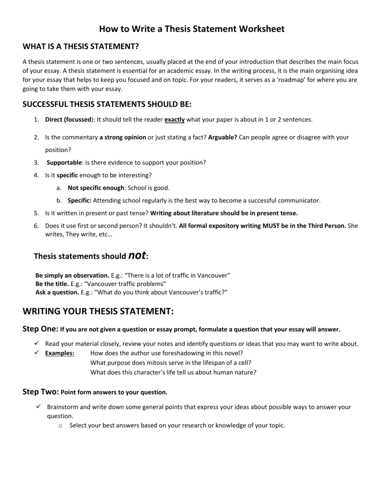 How To Write A Thesis Statement Worksheet