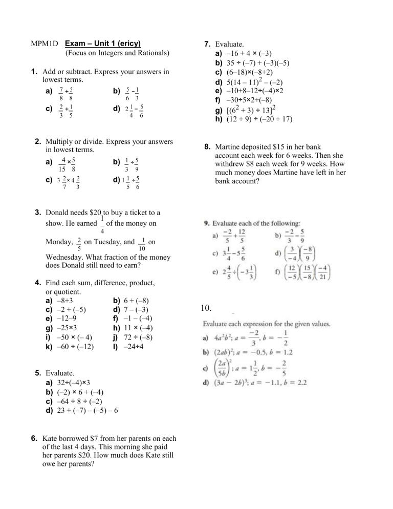 MPM1D Test 1 MPM1D Test 1
