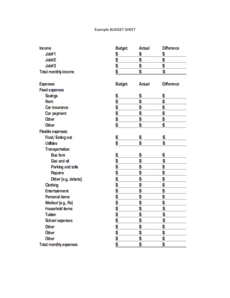 Example BUDGET SHEET