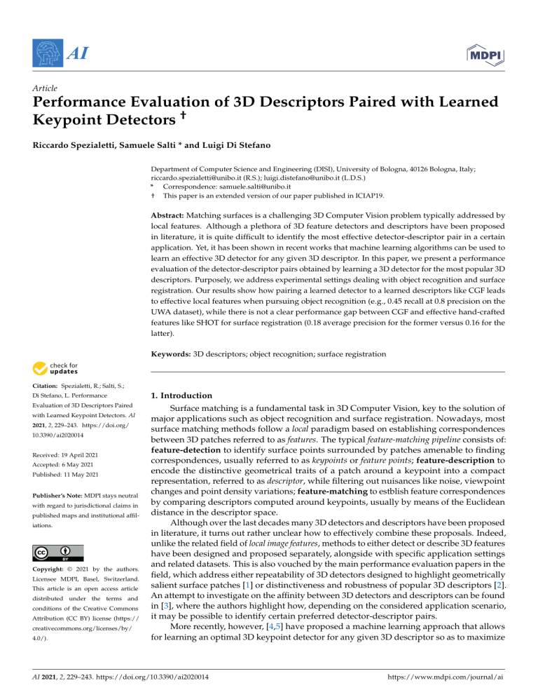 Performance Evaluation Of 3d Descriptors Paired Wi