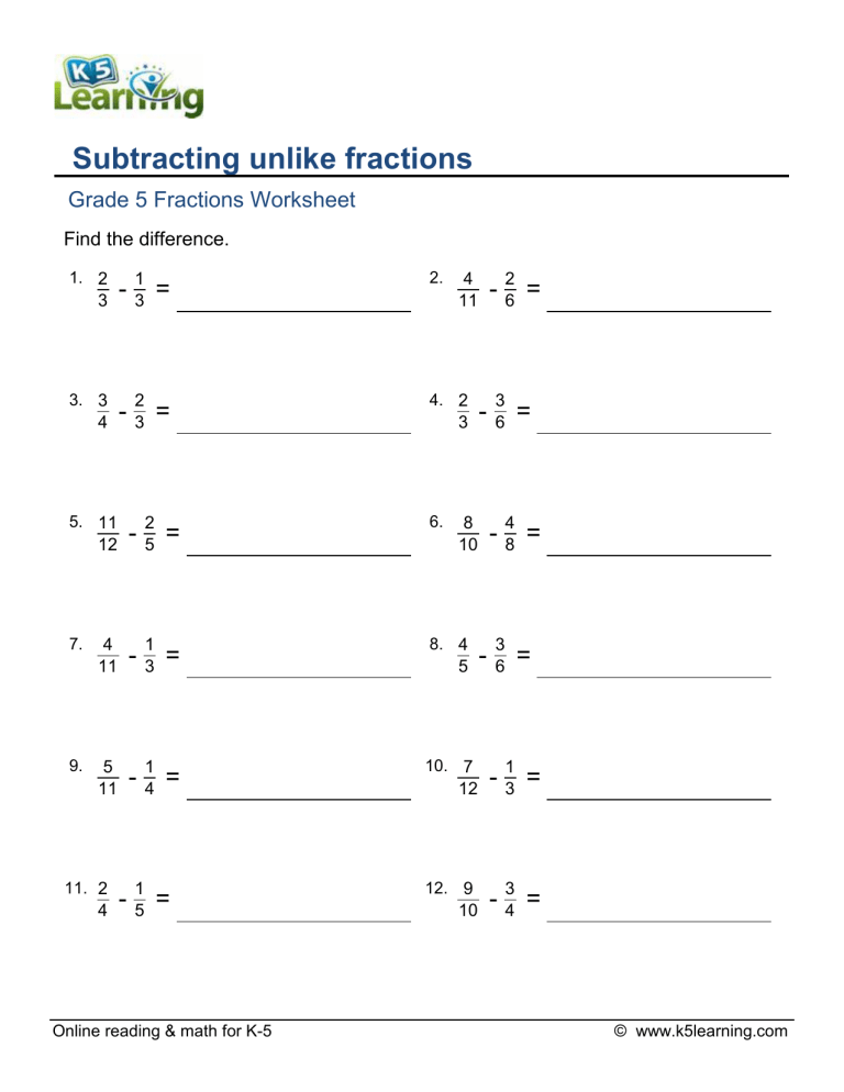 Grade 5 subtracting fractions unlike denominators2 12 d
