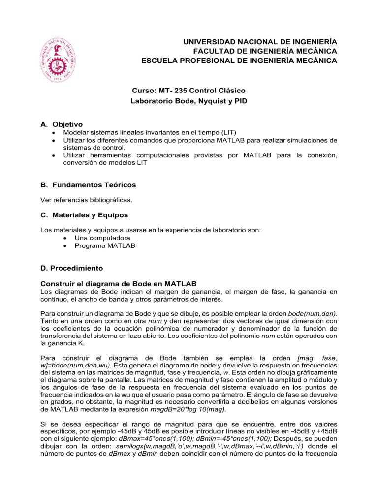 Laboratorio Control Clásico: Bode, Nyquist y PID con MATLAB
