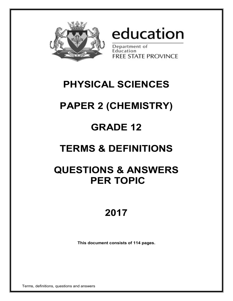Physical Science Grade 12 Definitions Paper 2 Free State