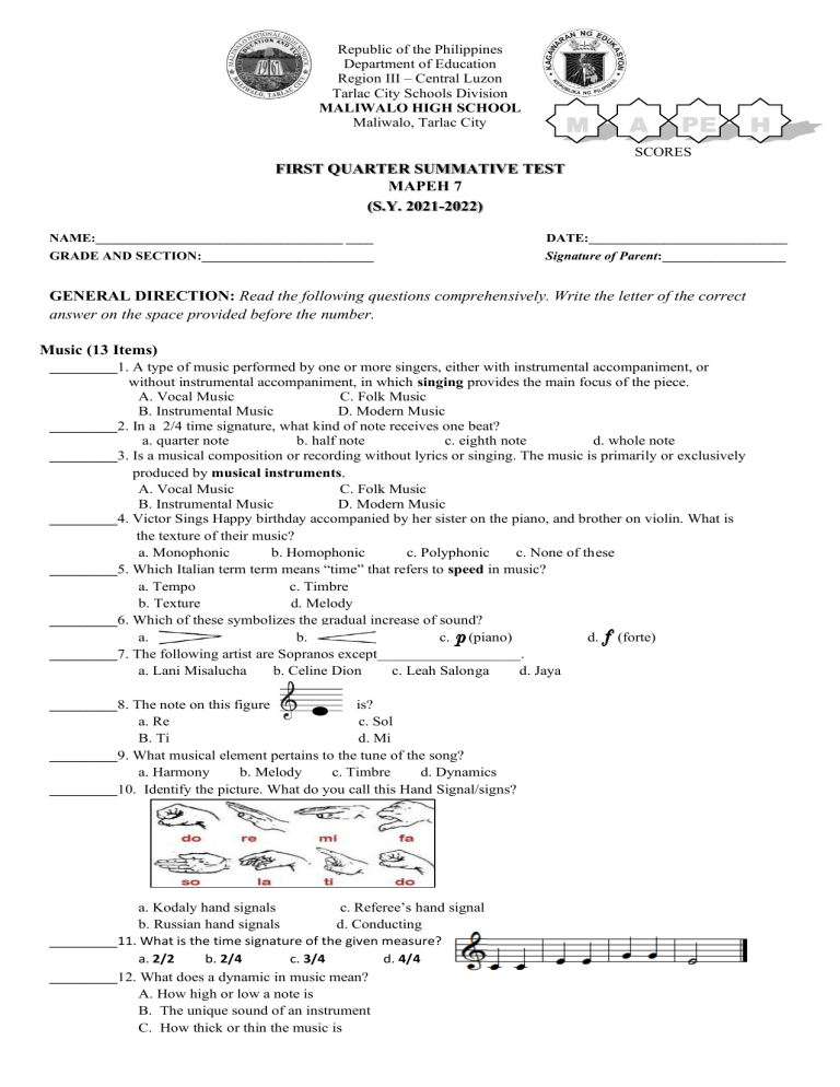 1st Quarter Summative Test MAPEH 7 2021 2022 1st Quarter Summative Test MAPEH 7 2021 2022