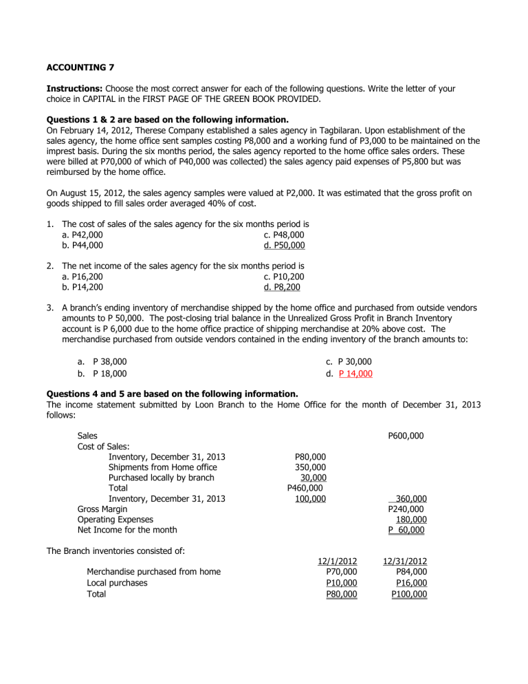 Accounting Exam: Branch & Agency Accounting Questions