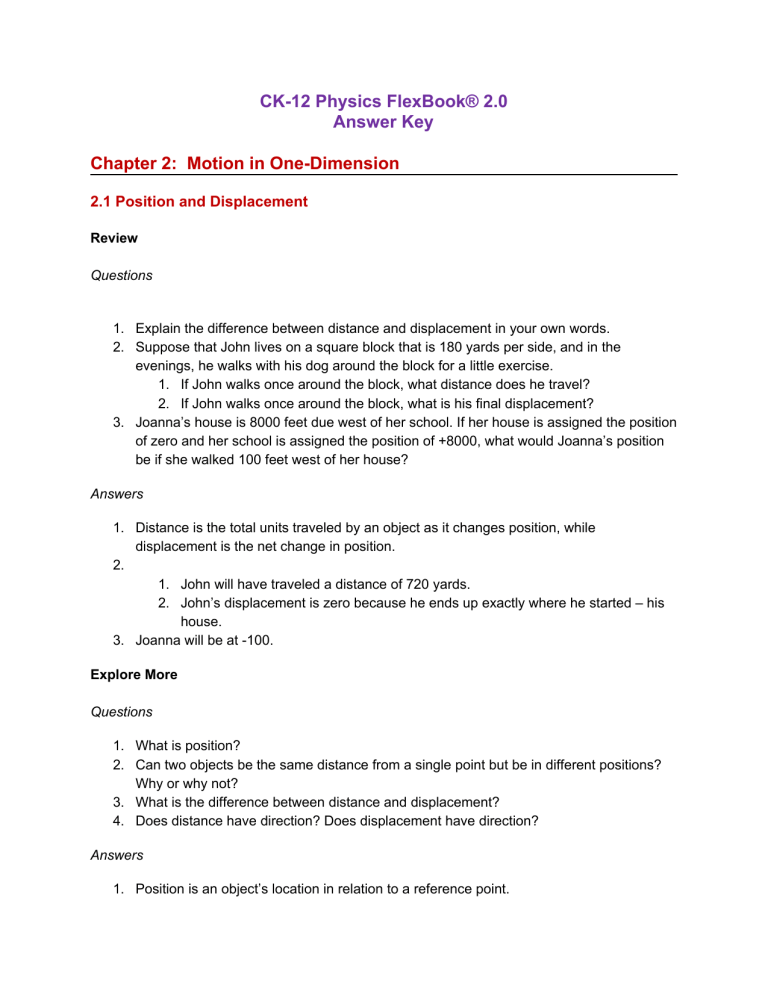 Physics Answer Key: Motion in One Dimension