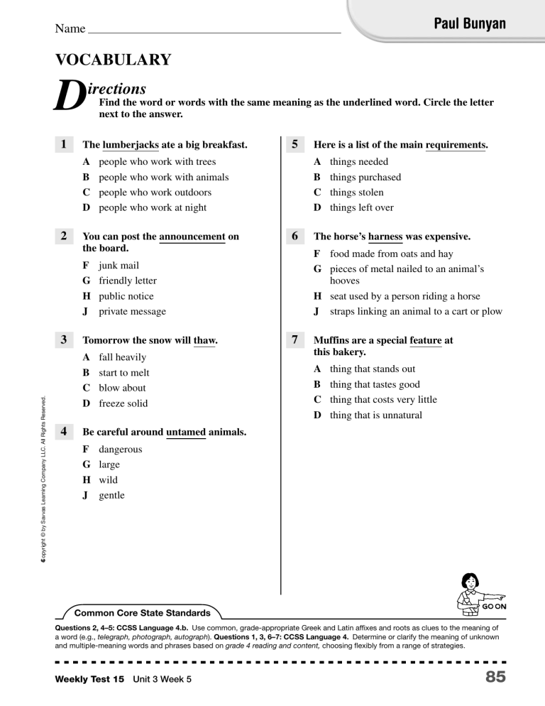 Paul Bunyan Weekly Test: Vocabulary & Comprehension