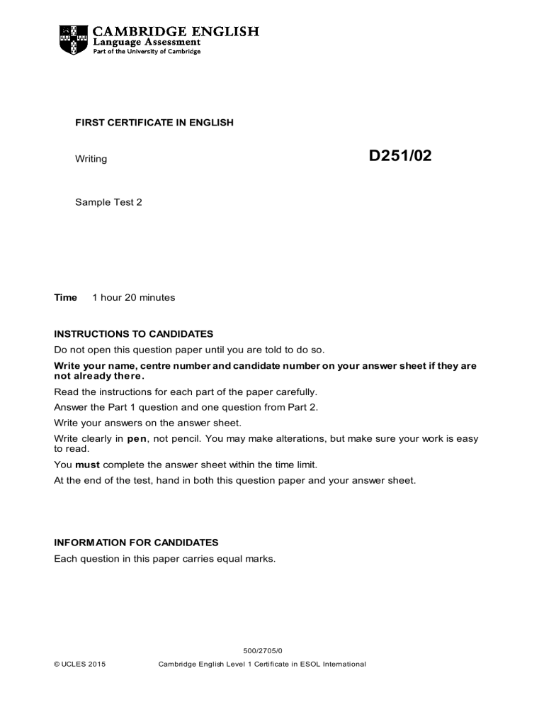 Cambridge english FCE Writing Paper Cambridge english FCE Writing Paper