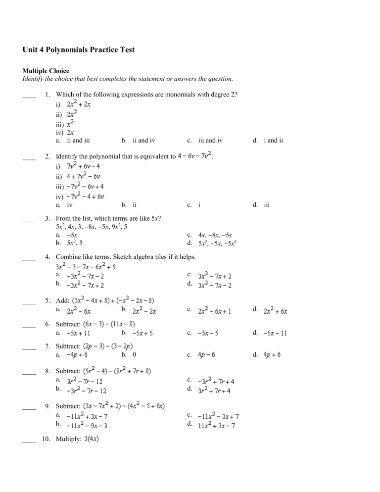 Grade 9 Polynomials Practice Test