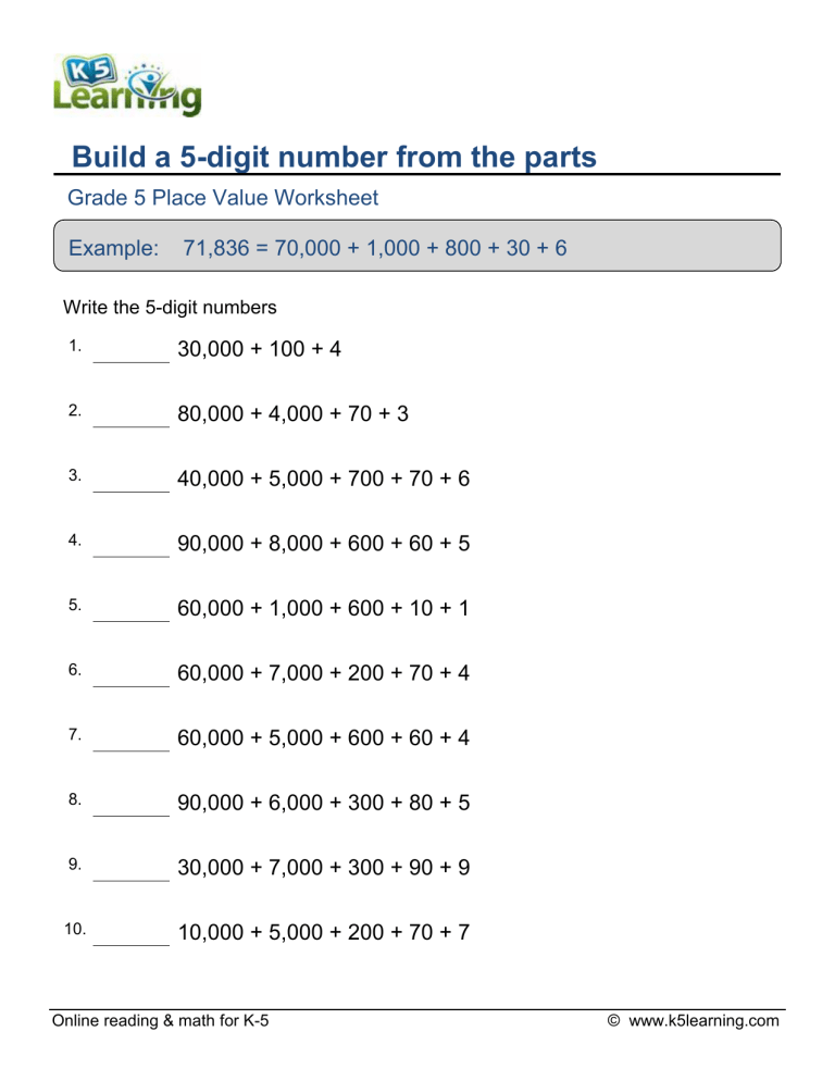 Grade 5 place value 5 digit a