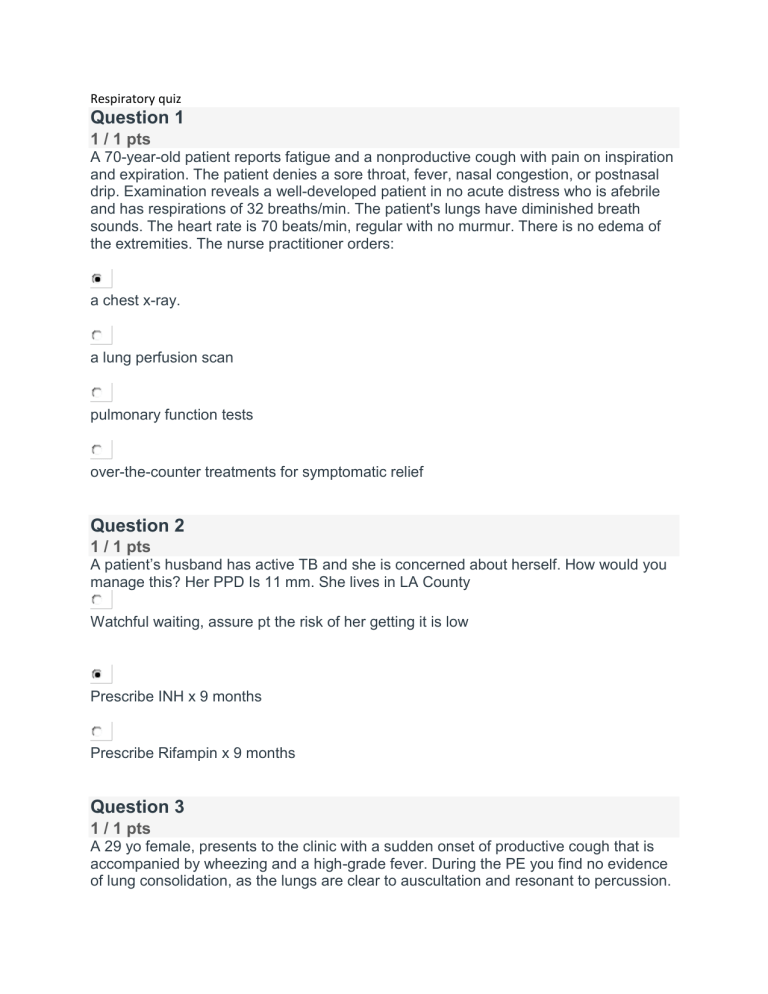Respiratory Quiz: Pneumonia, Asthma, TB, Bronchitis