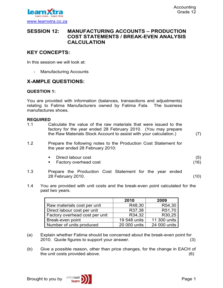 Production Cost Statement Grade 12 Production Cost Statement Grade 12