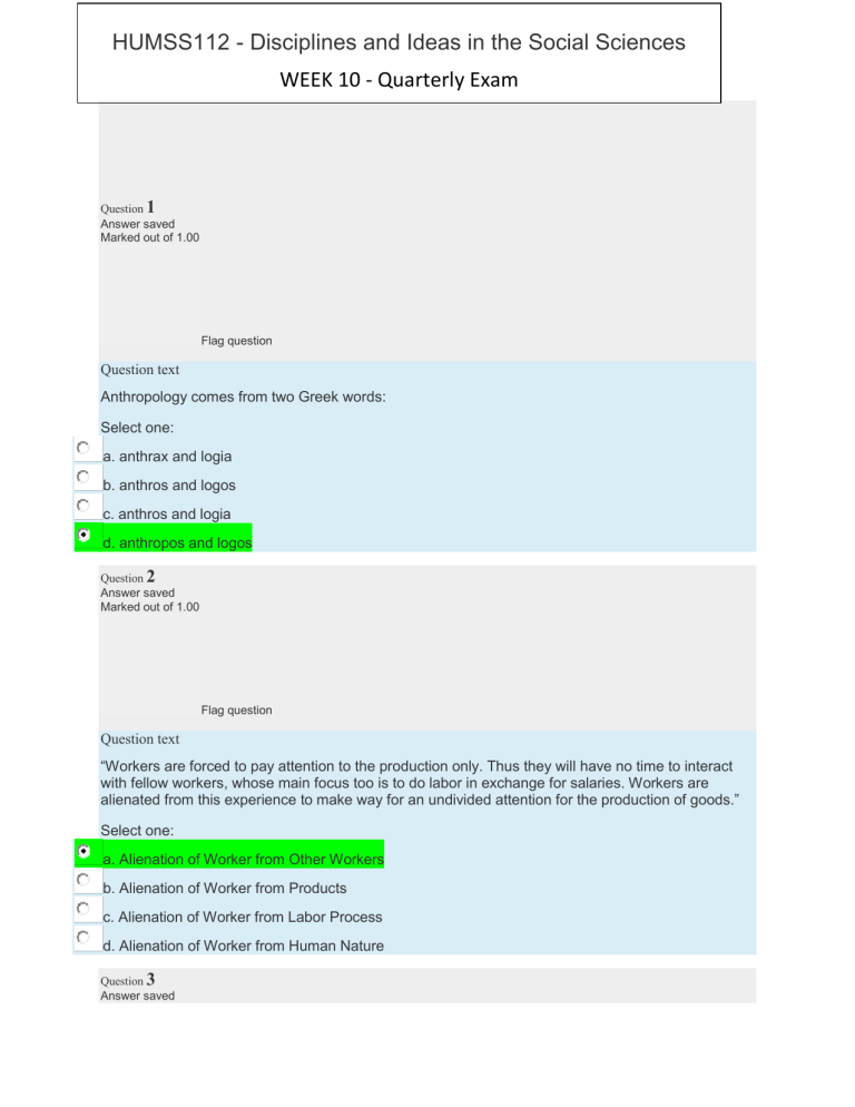 Social Sciences Exam: Disciplines and Ideas