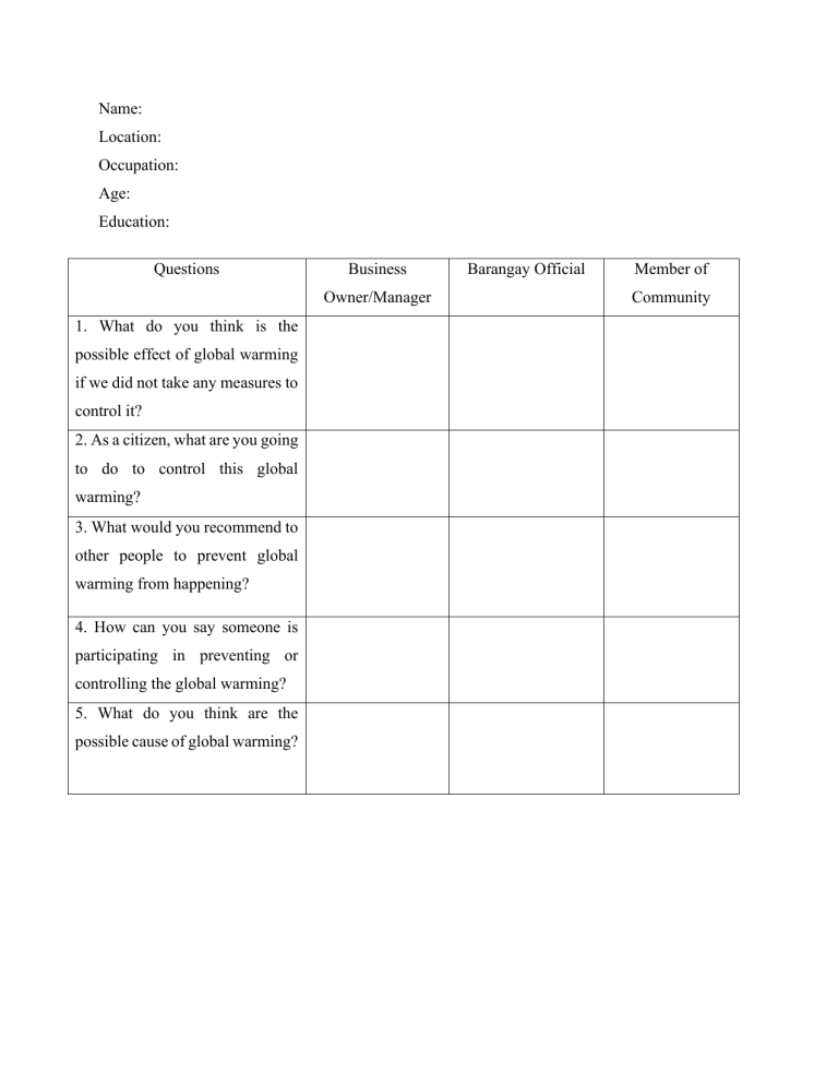 Global Warming Questionnaire