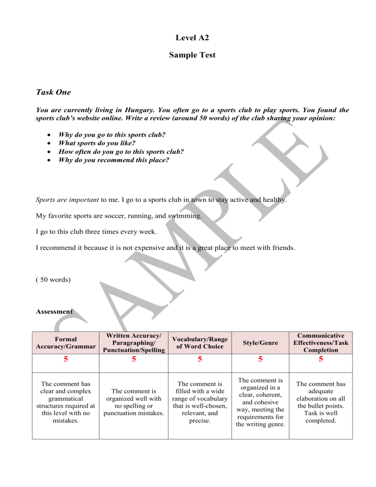 EN A2 Writing Sample Ans