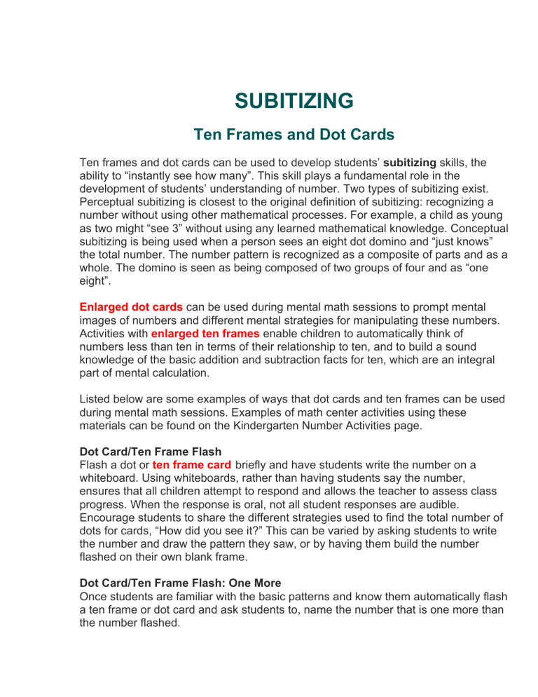 Subitizing Activities: Ten Frames & Dot Cards for Math Skills