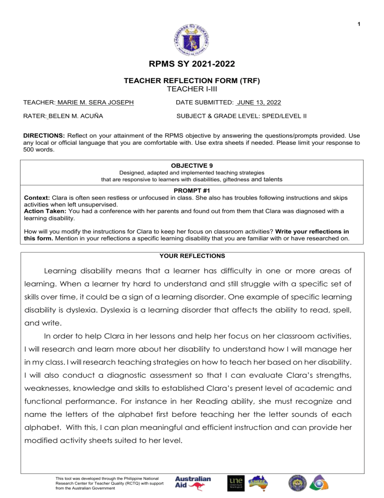 Teacher Reflection Form