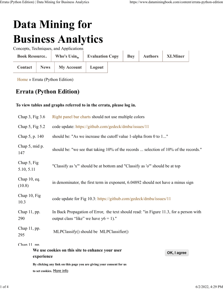 Data Mining for Business Analytics Errata (Python Edition)