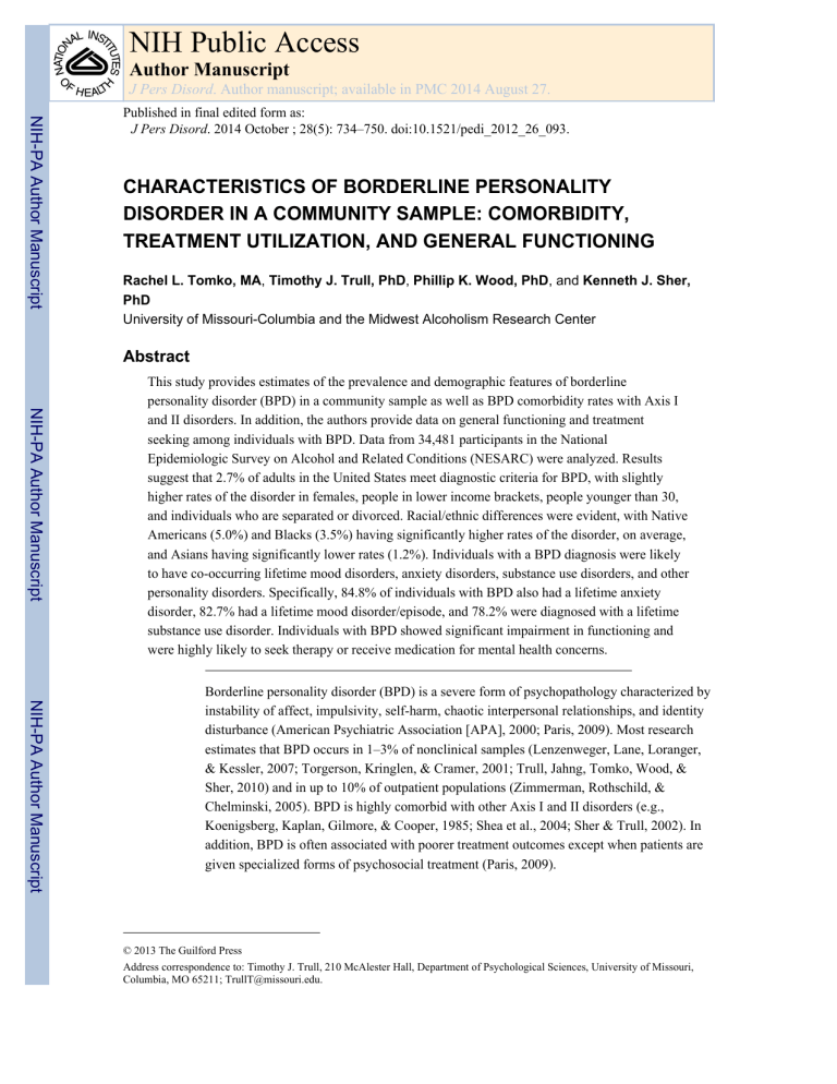 CHARACTERISTICS OF BORDERLINE PERSONALITY DISORDER IN A COMMUNITY ...