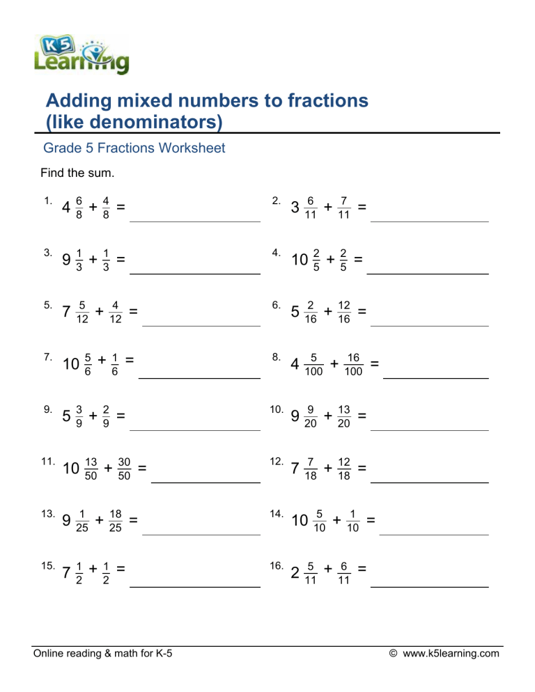 Adding Mixed Numbers To Fractions Worksheet Grade 5
