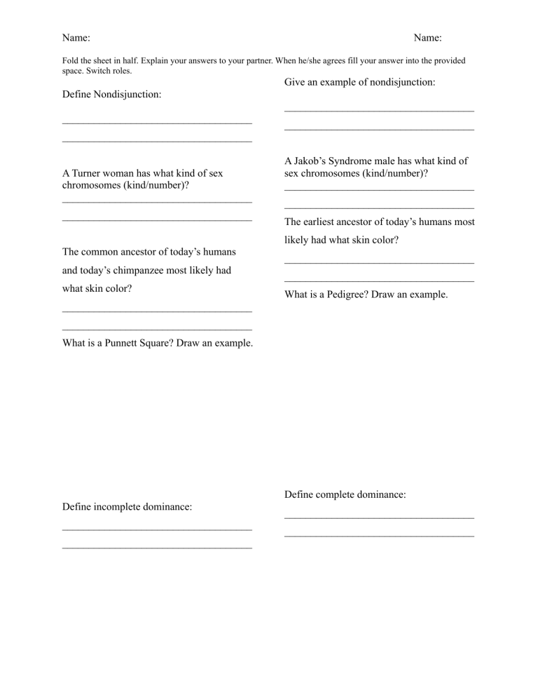Genetics Worksheet: Nondisjunction, Pedigrees, Punnett Squares