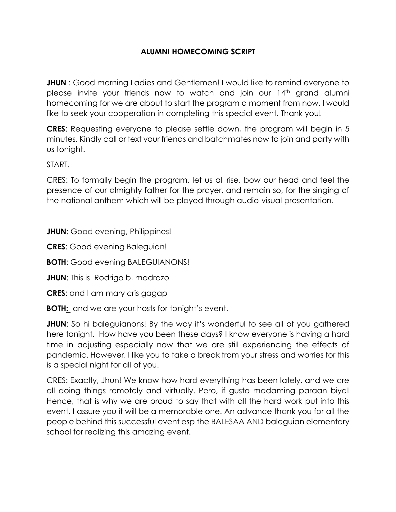 Family Reunion Sample Script