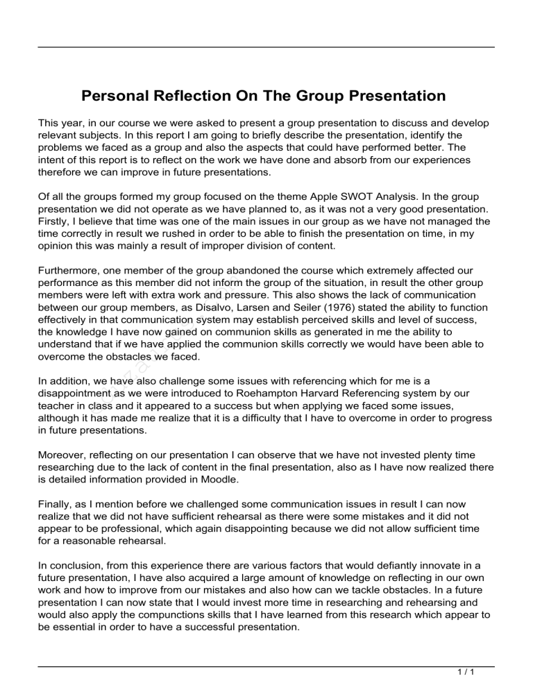 Personal reflection on the group presentation