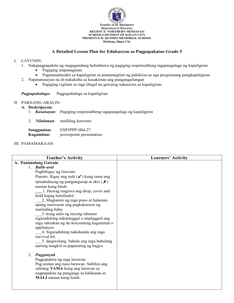 COT A Detailed Lesson Plan For Edukasyon Sa Pagpapakatao Grade 5