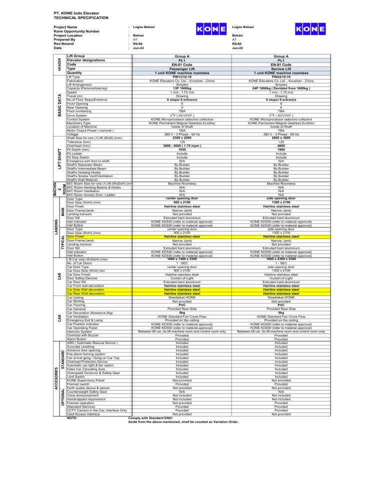 Technical Specification Elevator