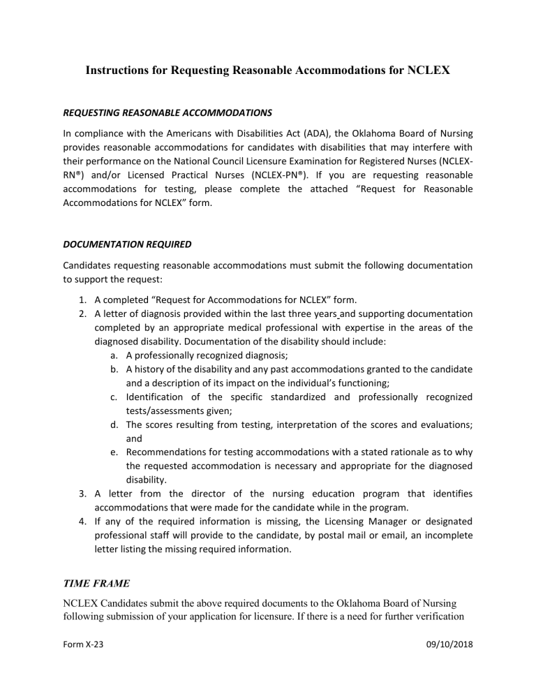 NCLEX Accommodations: Oklahoma Board of Nursing Instructions
