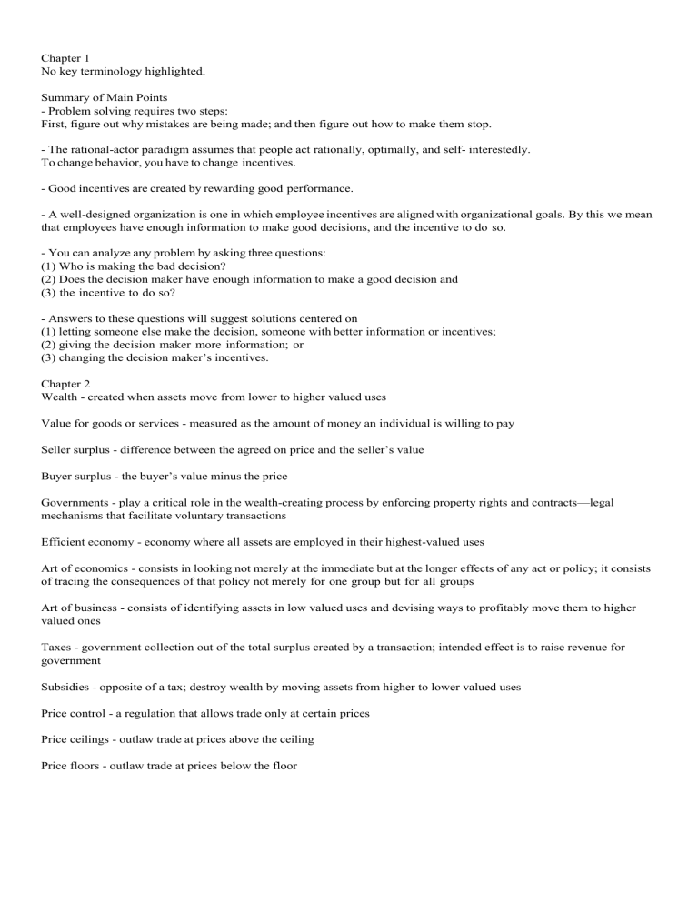 Terms To Review And Chapters 1 5 Summary Managerial Economics