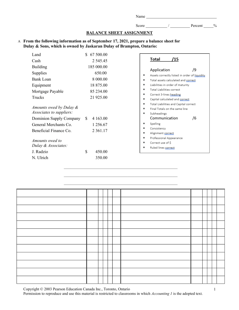 BALANCE SHEET ASSIGNMENT V1