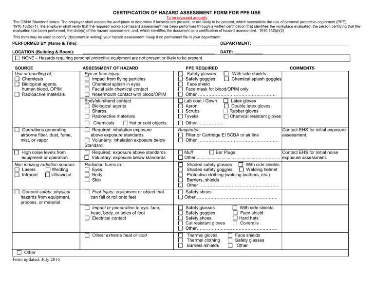 Hazard Assessment Form For PPE Use
