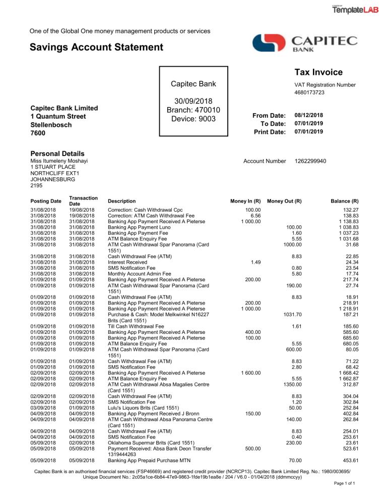 Capitec Bank Statement TemplateLab