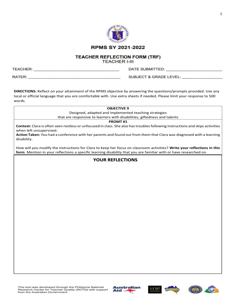 RPMS SY 2021 2022 TEACHER REFLECTION FORM TRF 1 RPMS SY 2021 2022 TEACHER REFLECTION FORM TRF 1