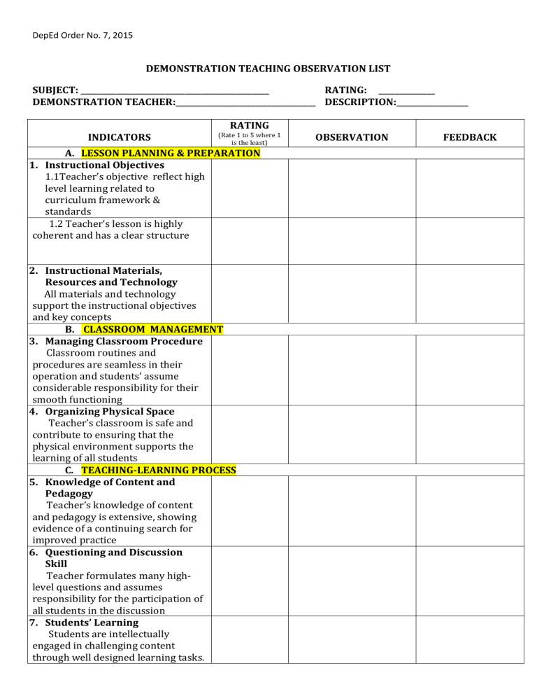 Teaching Observation Checklist DepEd
