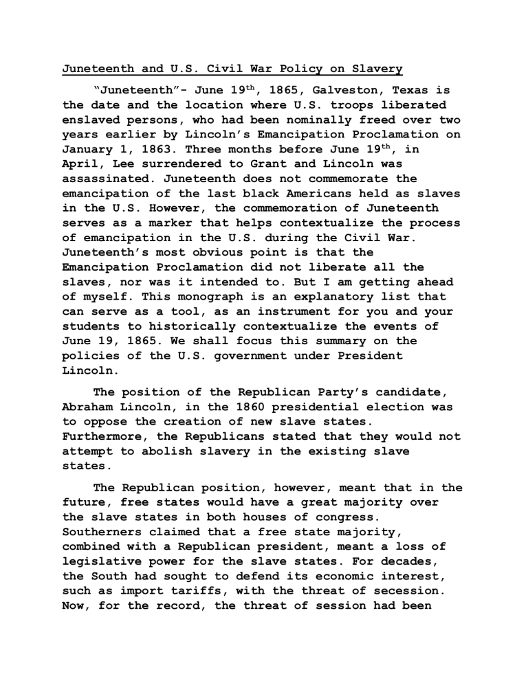 Juneteenth & Civil War Slavery Policy: An Explanatory Guide