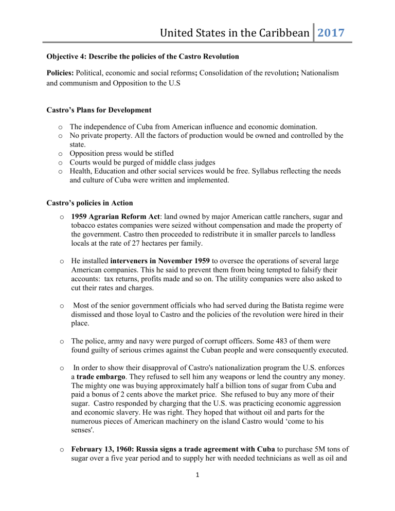 Castro Revolution Policies & US Relations in the Caribbean
