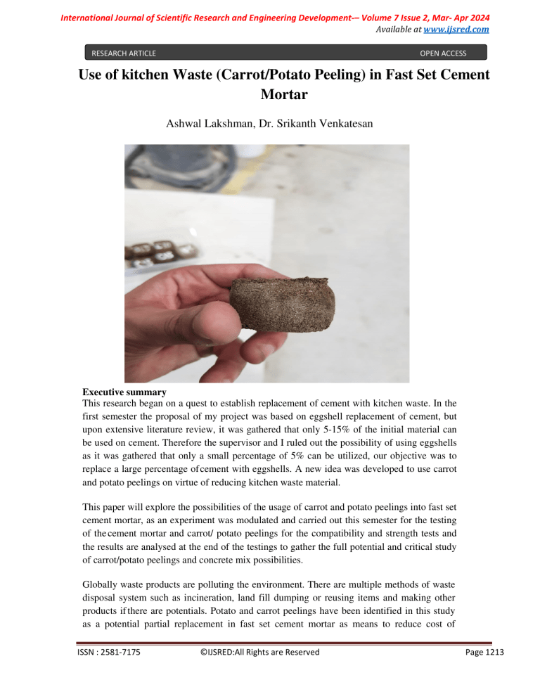 Kitchen Waste in Fast Set Cement Mortar Research