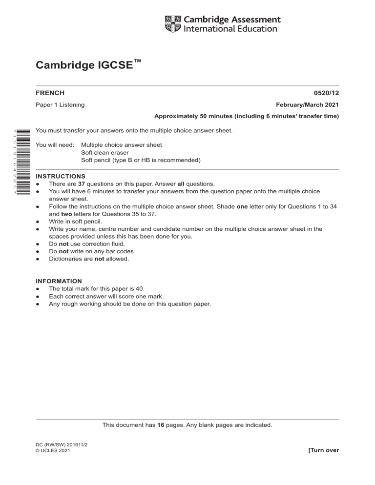Sujet d'examen d'écoute de français IGCSE (2021)