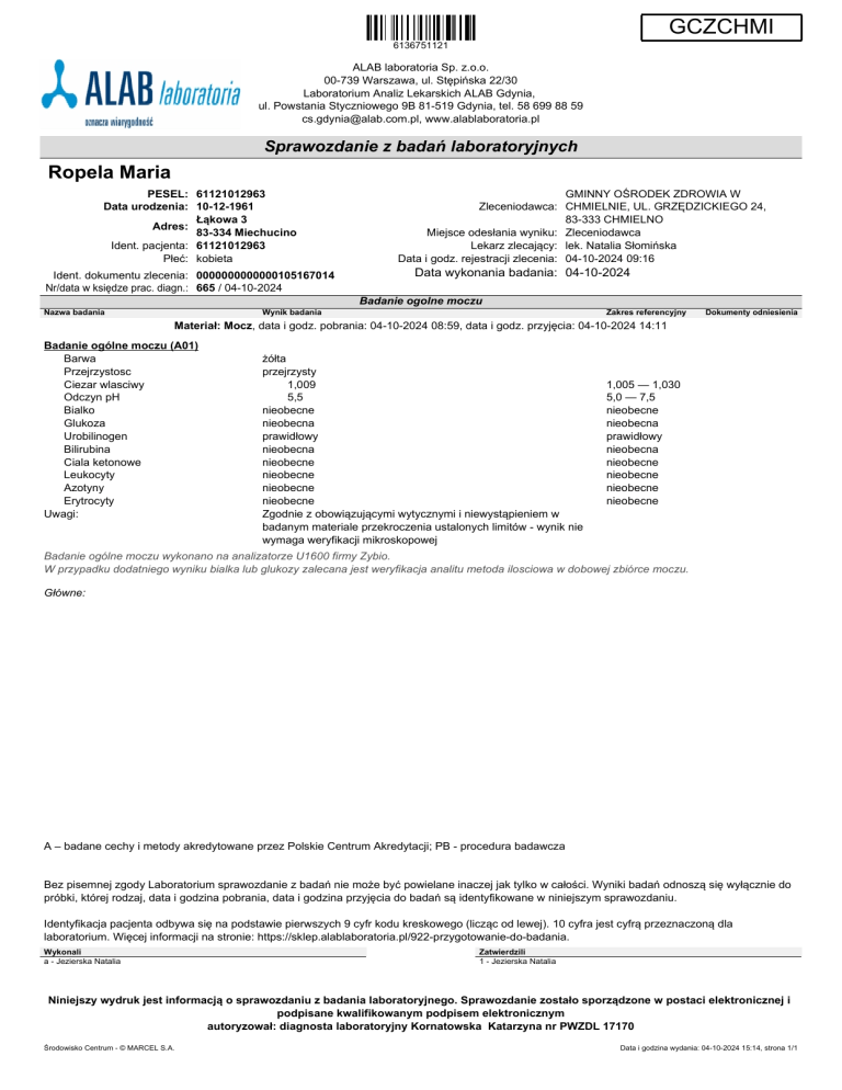 Wyniki badania moczu - Raport laboratoryjny pacjenta