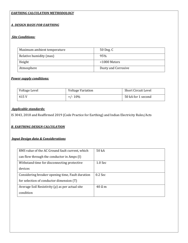 Earthing Calculation Methodology - IS 3043 Compliance