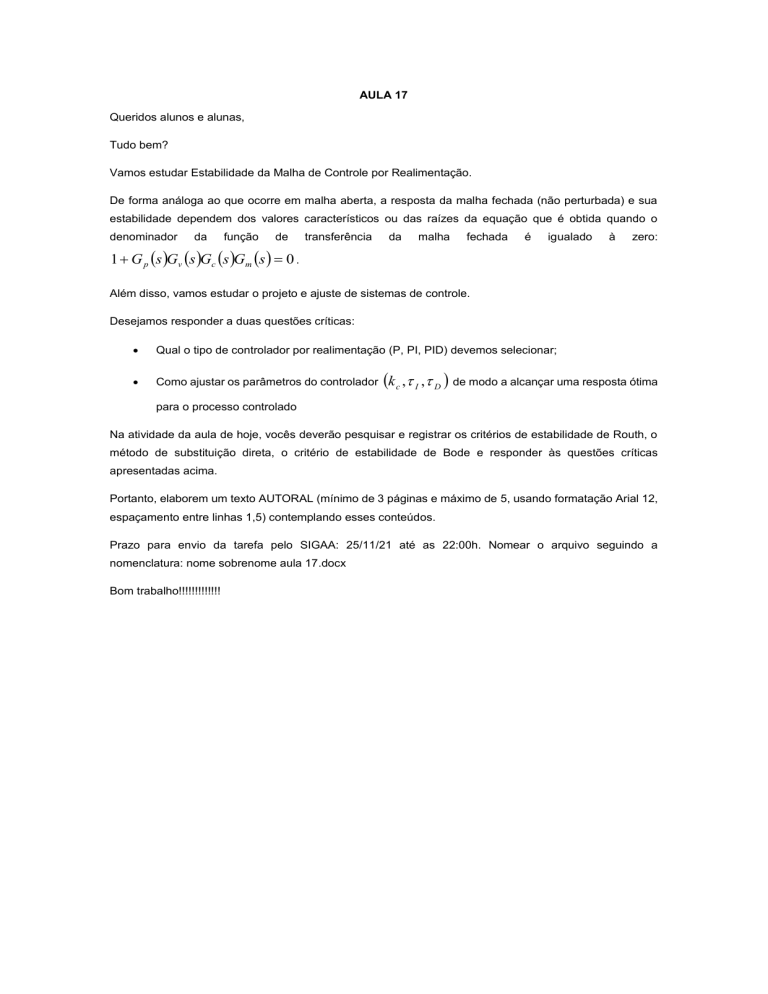 Estabilidade de Sistemas de Controle e Projeto de Controlador