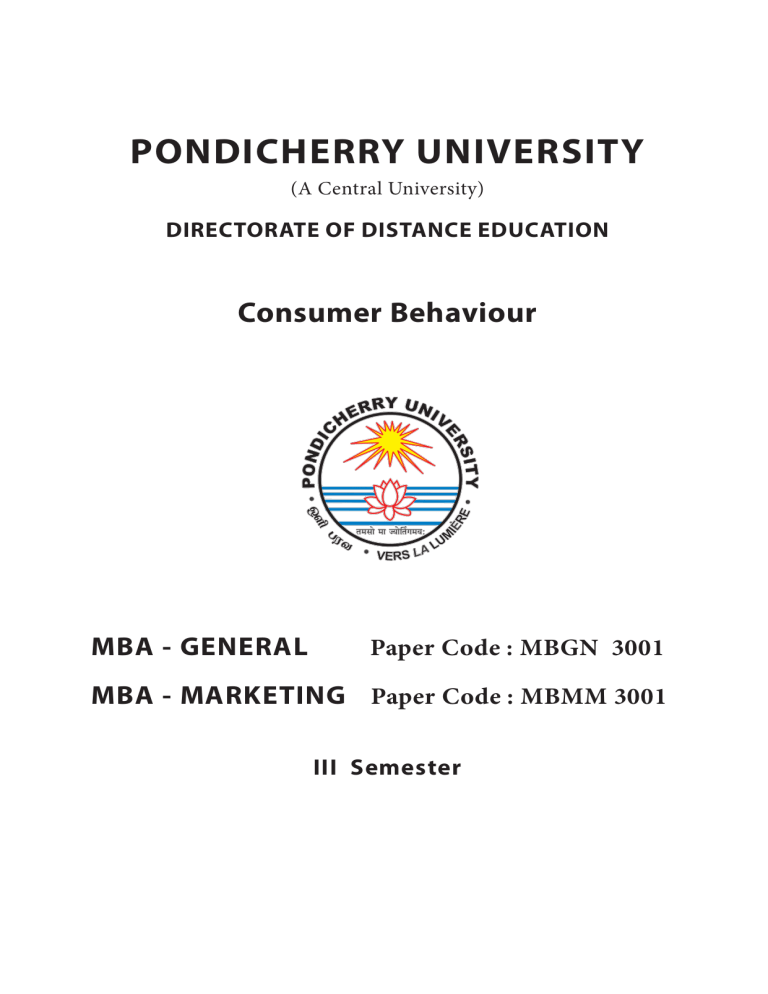 Consumer Behaviour MBA Coursebook: Pondicherry University
