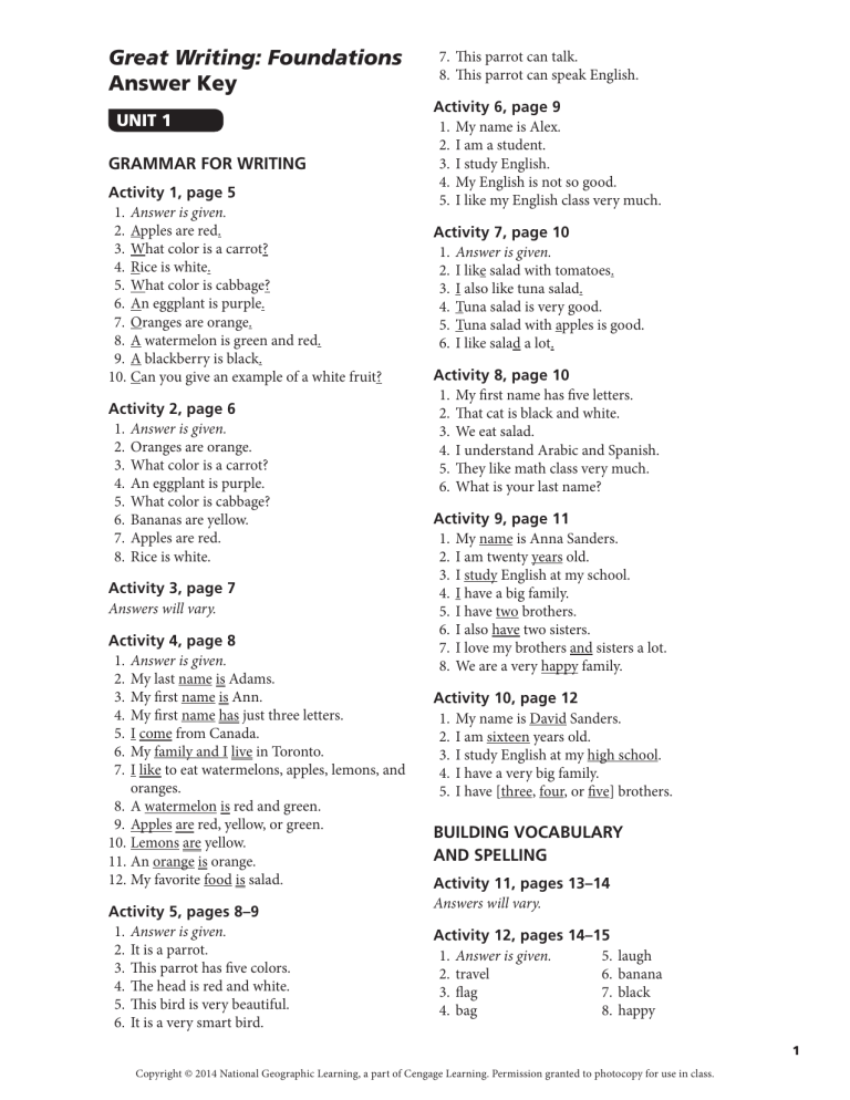 Great Writing Foundations Answer Key: Grammar & Vocab