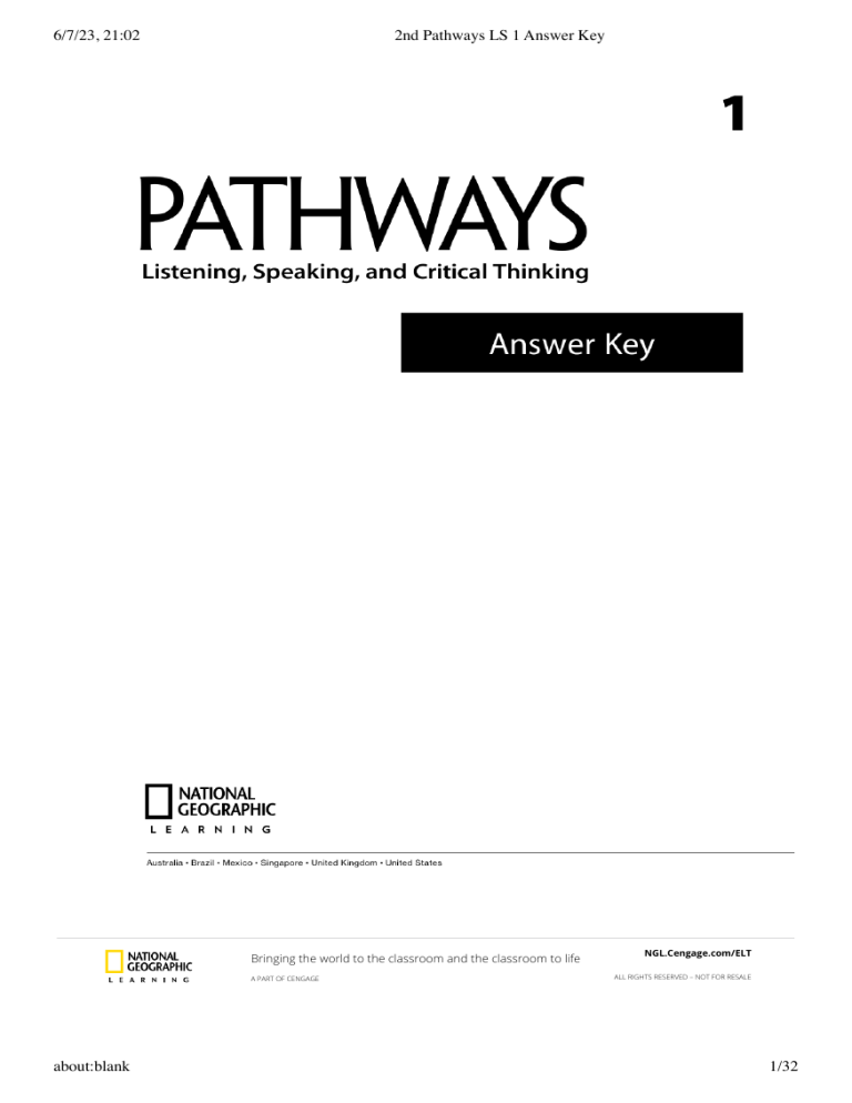 Pathways LS 1 Answer Key: Listening & Speaking
